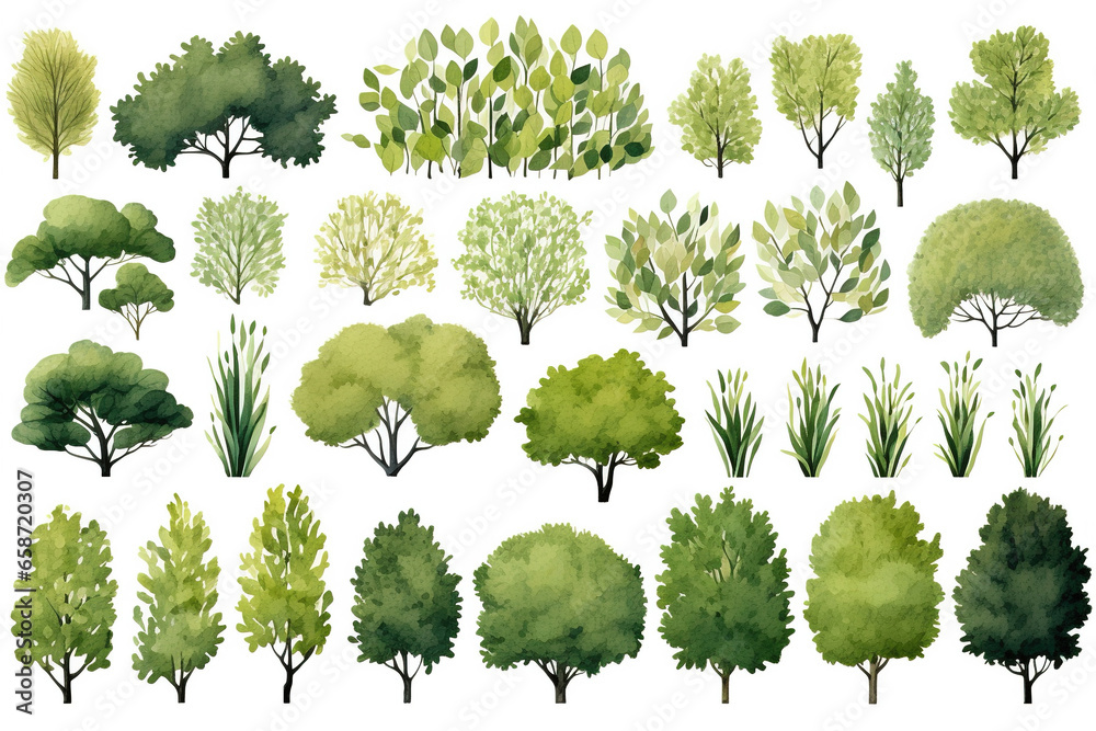 Aerial watercolor depiction of assorted green trees, bushes, and shrubs ...