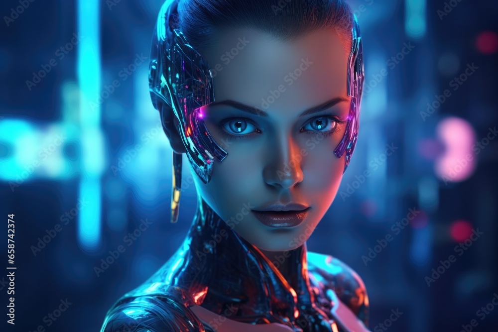 In a futuristic world, a beautiful female cyborg model with metallic ...