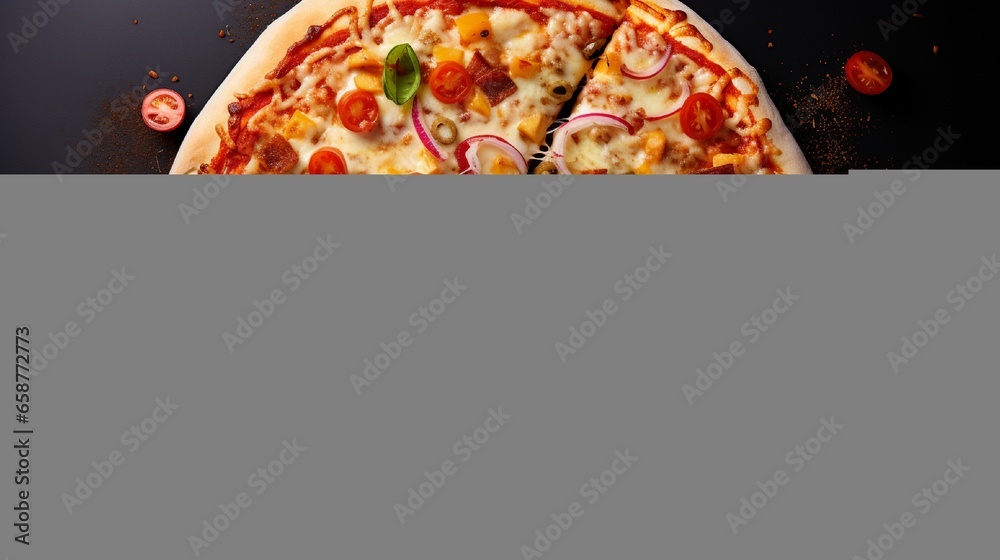 An overhead shot of a gourmet pizza, with bubbling cheese and fresh ...