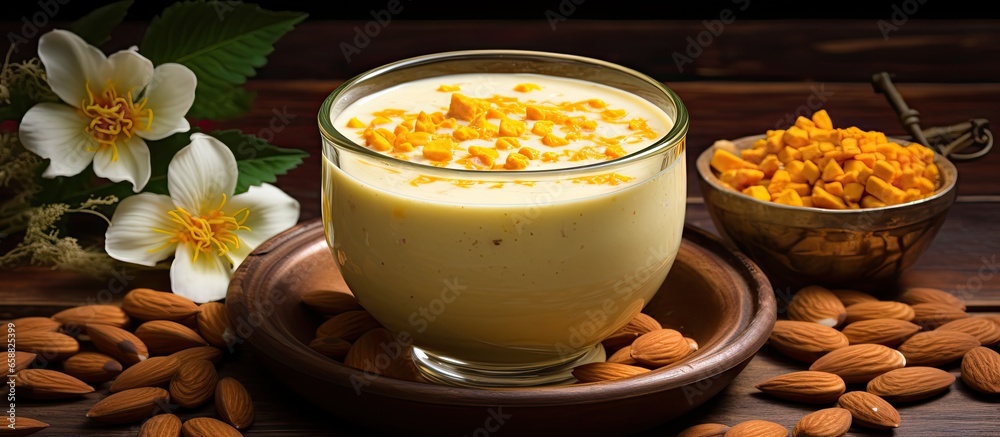 Almond saffron milkshake from Kerala India served in a terracotta glass ...