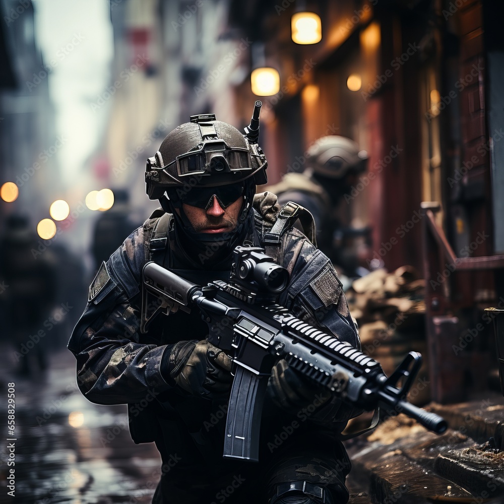 military soldier at war with weapon in hand, infantry ground operation ...