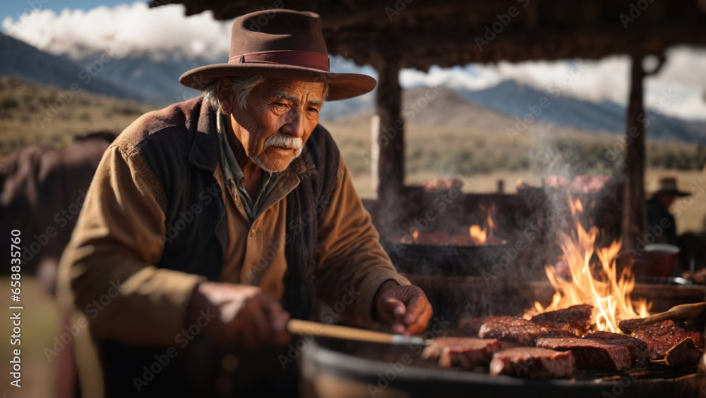 Argentine gaucho making barbecue, Argentine meat, fire, grill, mountain ...