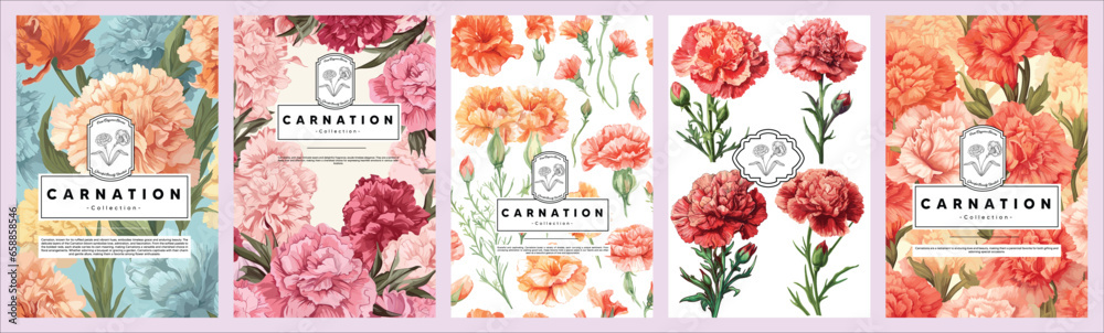 Elegant Carnation, Realistic Vector Illustrations of Flowers, Leaves ...
