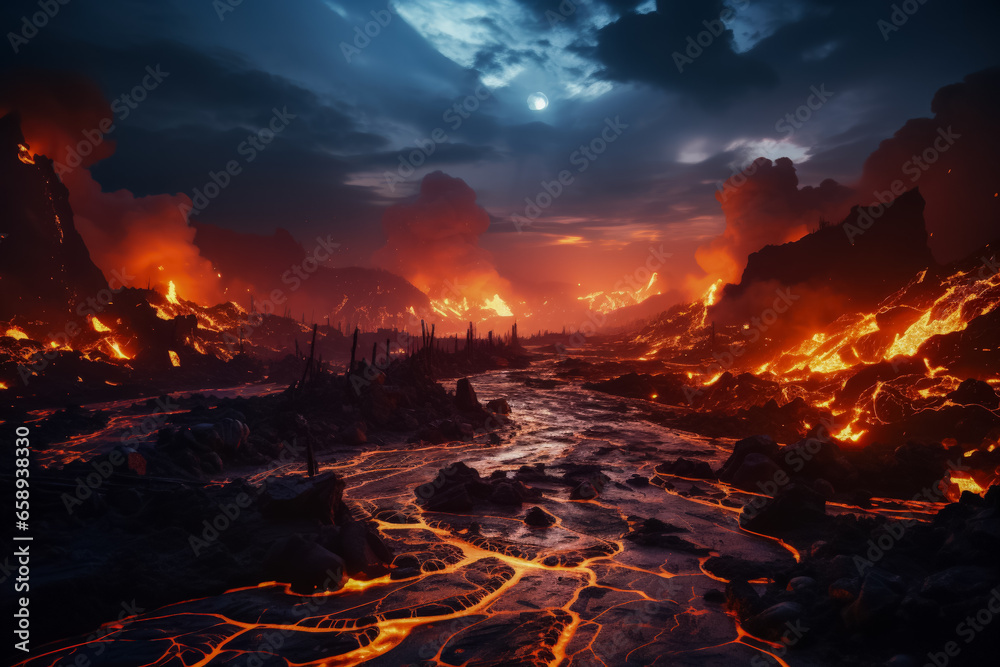 Lava flows ignite night sky in fierce apocalyptic volcanic landscape ...