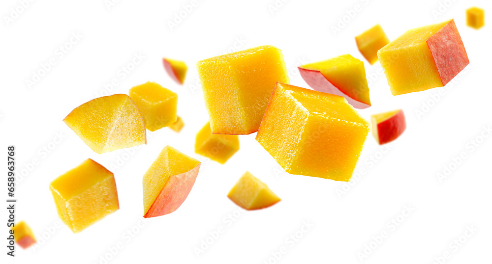 Mango cubes fly in space forming a chain shape. Volumetric light from ...