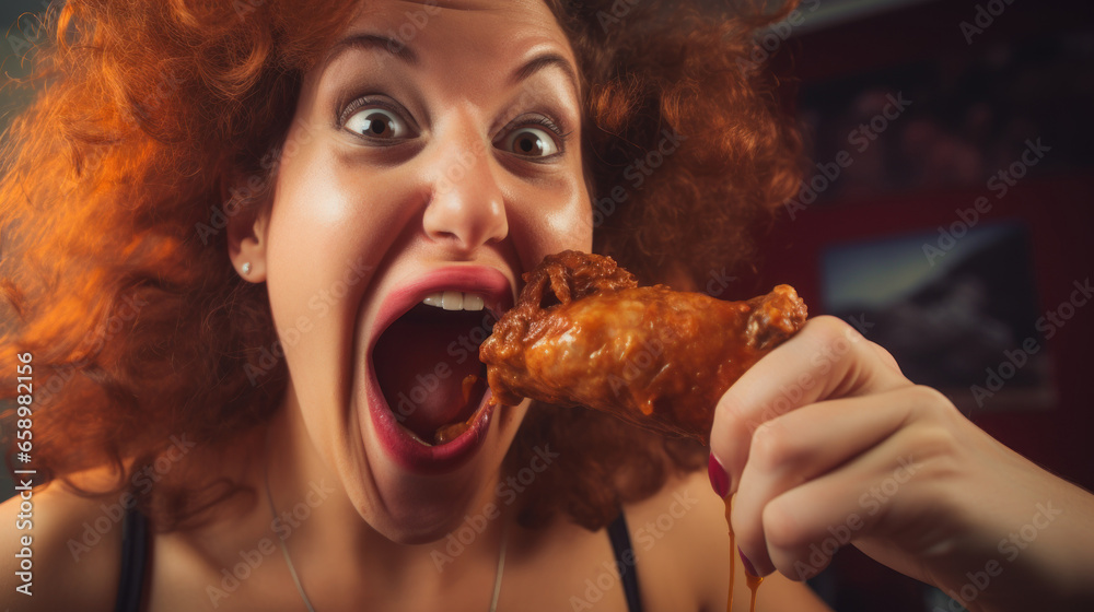 Woman eating a takeaway fried chicken wing from fast food cafe with a ...