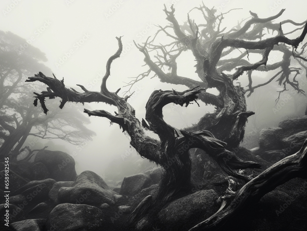 monochrome forest, gnarled, ancient trees with intertwining branches ...