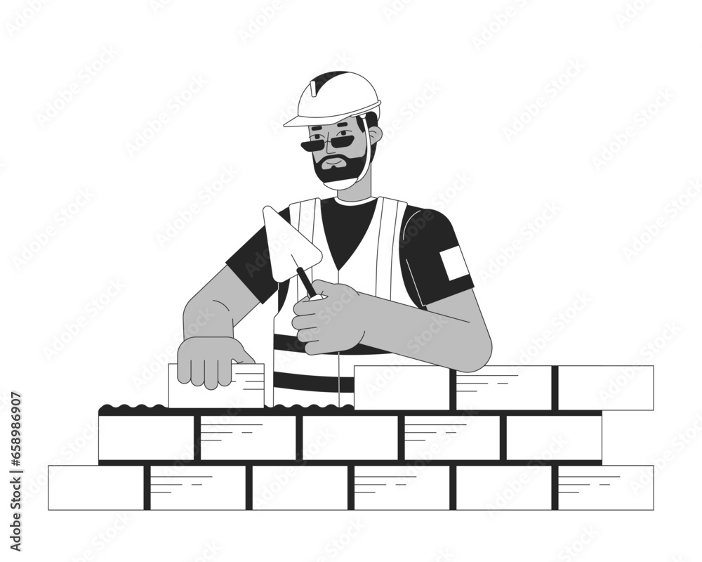 Construction worker laying bricks black and white cartoon flat ...