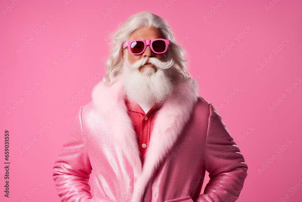 Man in modern cool pink Santa Claus costume Stock Photo | Adobe Stock