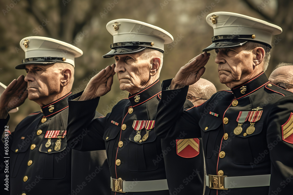 Elderly US Marine Corps veterans in dress uniform salute fallen service members at a cemetery ...