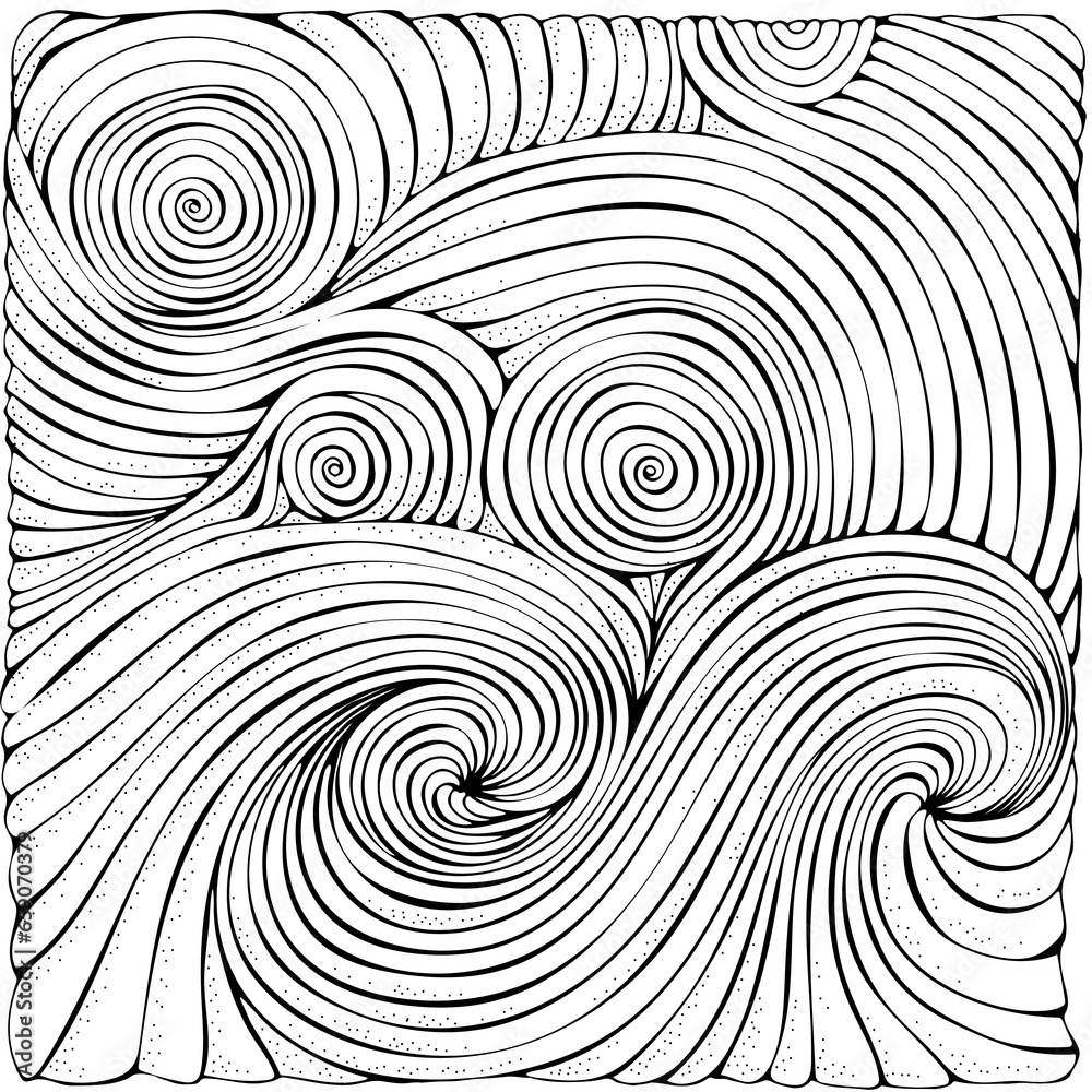Pattern for coloring book. Hand-drawn swirls, ringlets, sea waves, Van Gogh sky. Doodle, vector ...