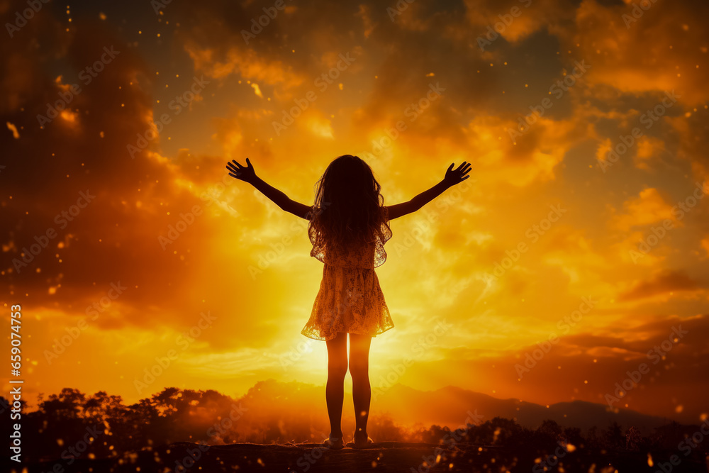Preteen girl silhouette with raised hand over sunset sky embracing nature Stock Photo | Adobe Stock