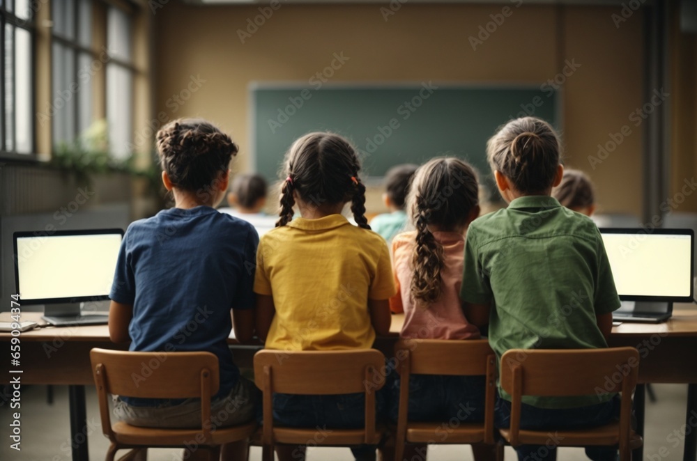 Group of children sitting in classroom, back view. Elementary school ...