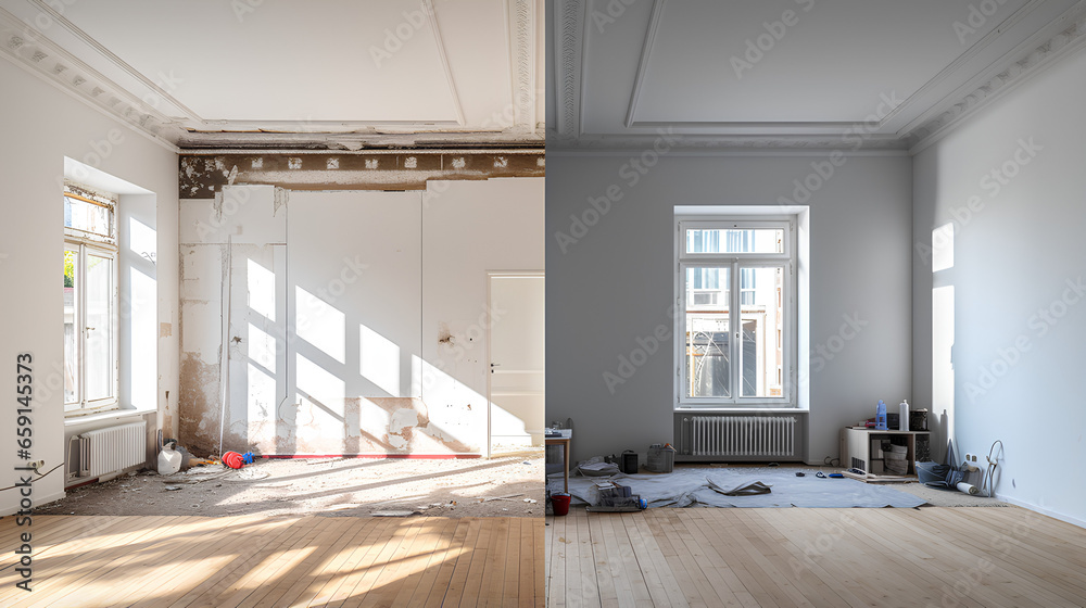 Renovated rooms with spacious windows and heating systems, both before ...
