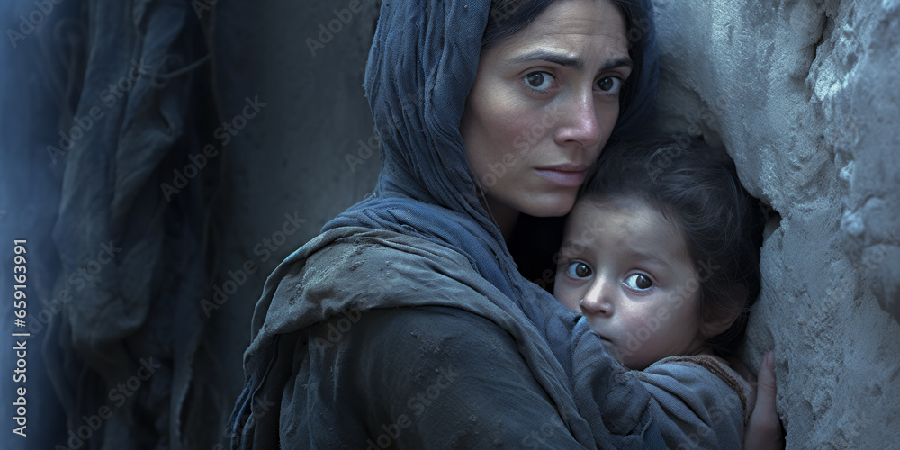 Stock-Foto „Woman and child hiding in the bunker in the middle east ...