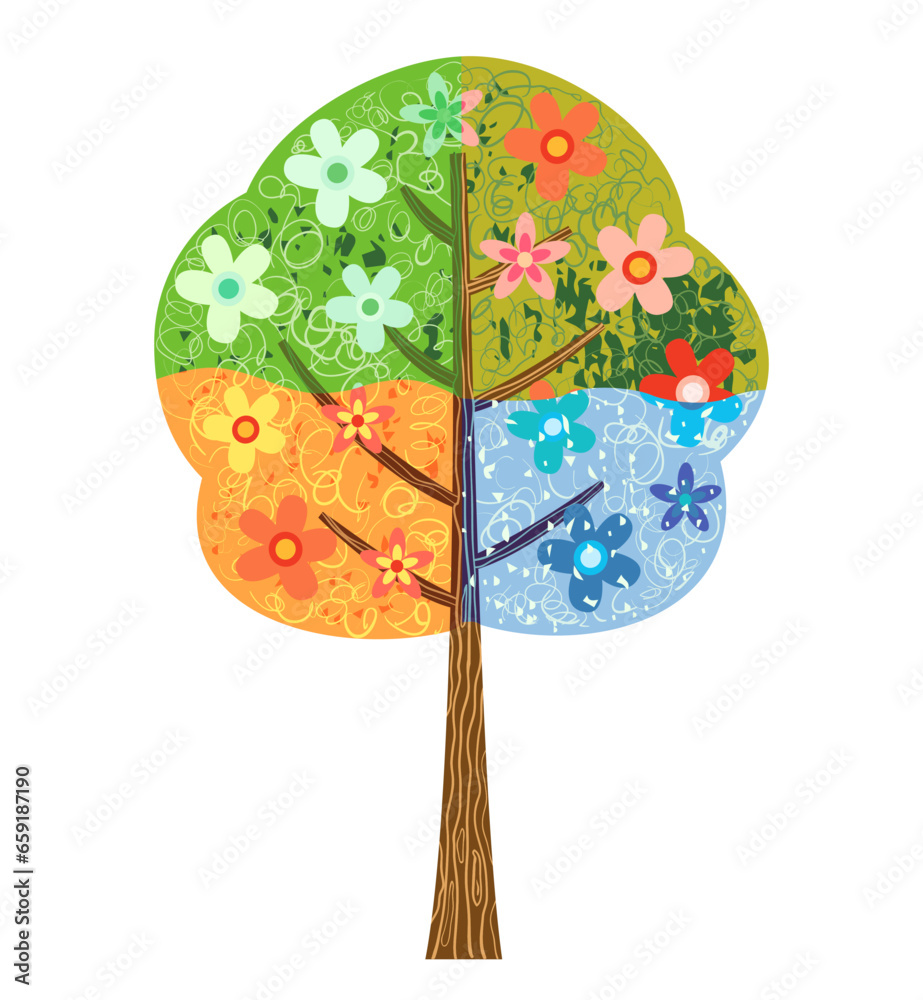 Cute cartoon vector tree with flowers in four different seasons, Spring ...