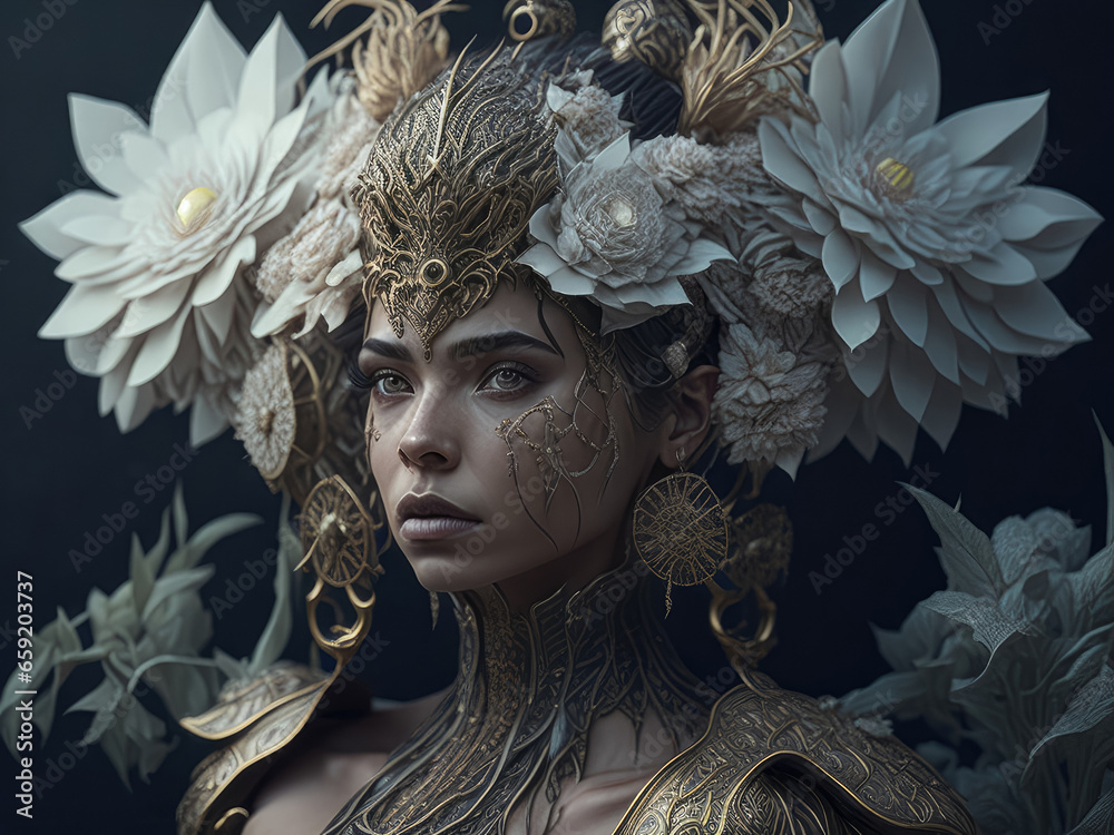 A stunning woman with an enchanting aura resembles a princess, adorned ...