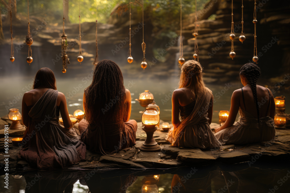 A group of Wiccans conducting a ceremony in nature, connecting with the ...
