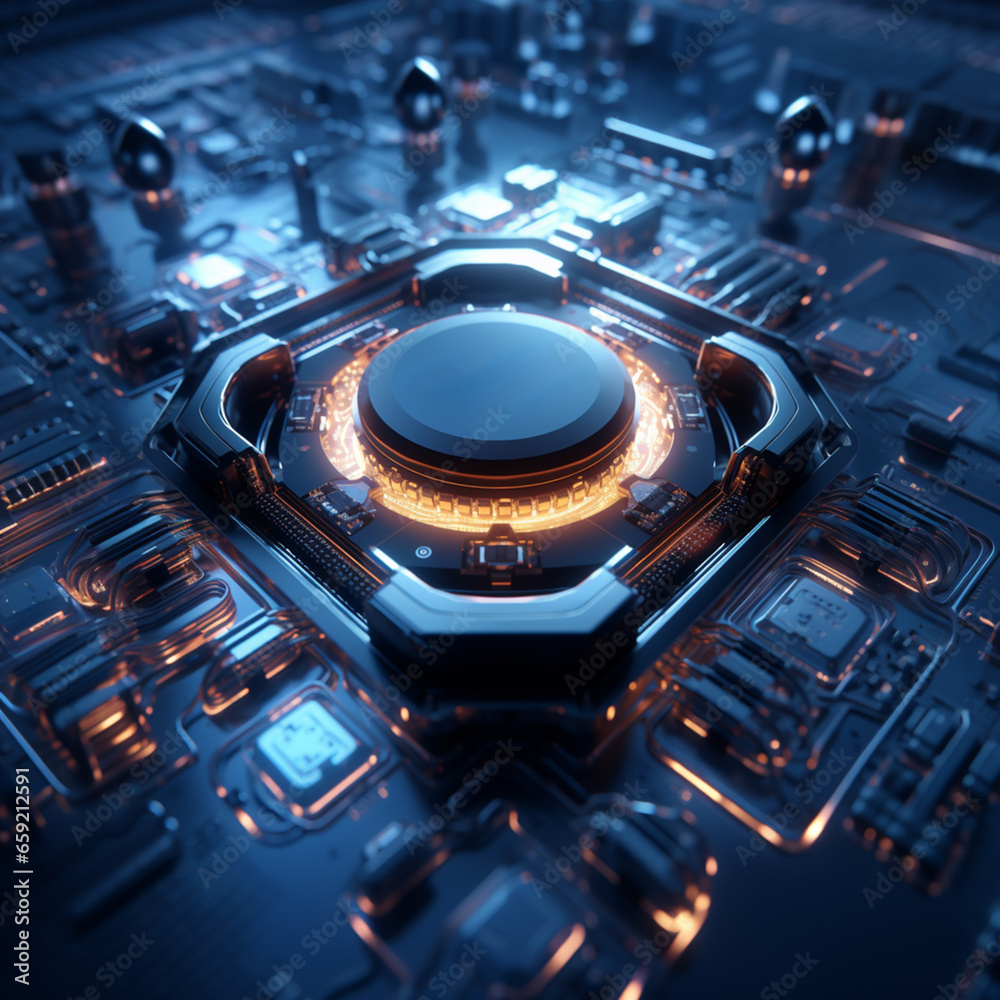 Top view of central cpu or chipset on mainboard. Futuristic concept of ...