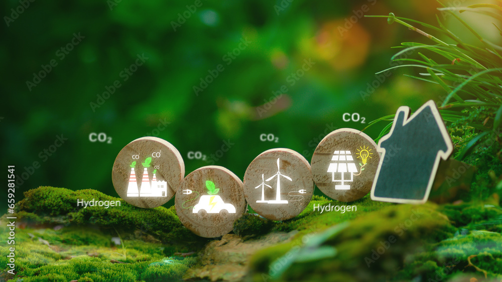 Circular economy concept. Wooden blocks with icons. Electric energy. Electric trains, wind ...