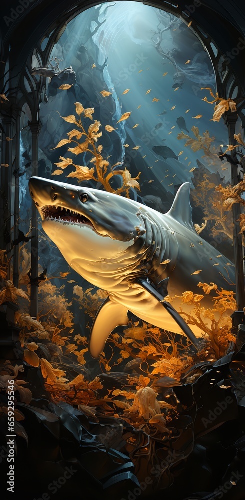 Surreal digital art of a shark swimming in the ocean surrounded by ...