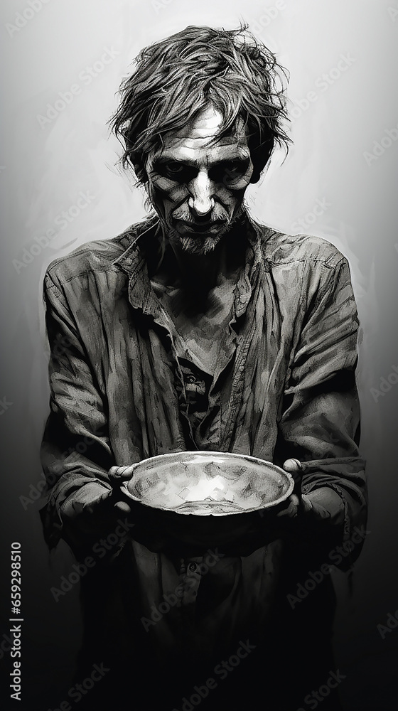 An emaciated starving man with an empty metal bowl in his hands. Worn ...