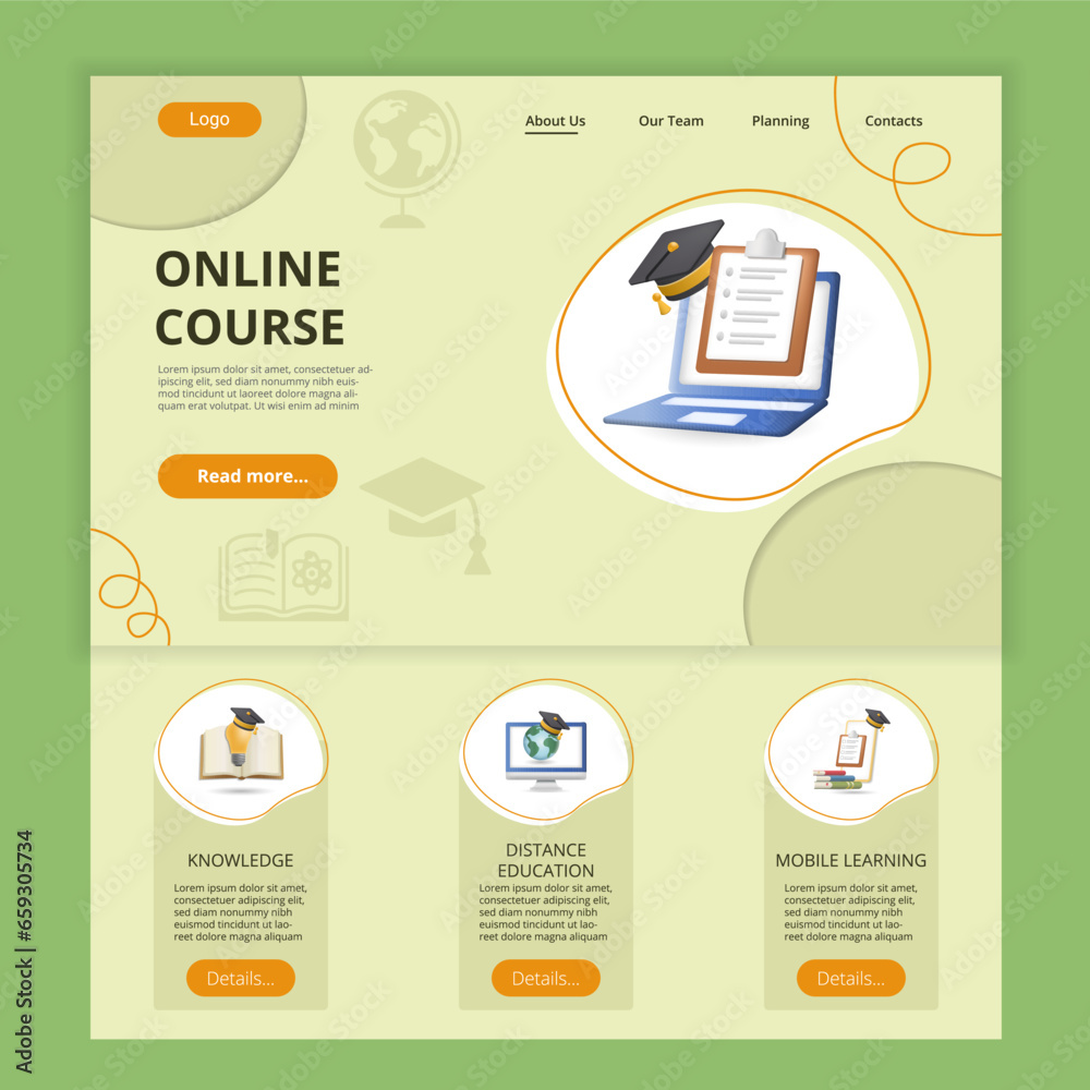 Online course flat landing page website template. Knowledge, distance ...