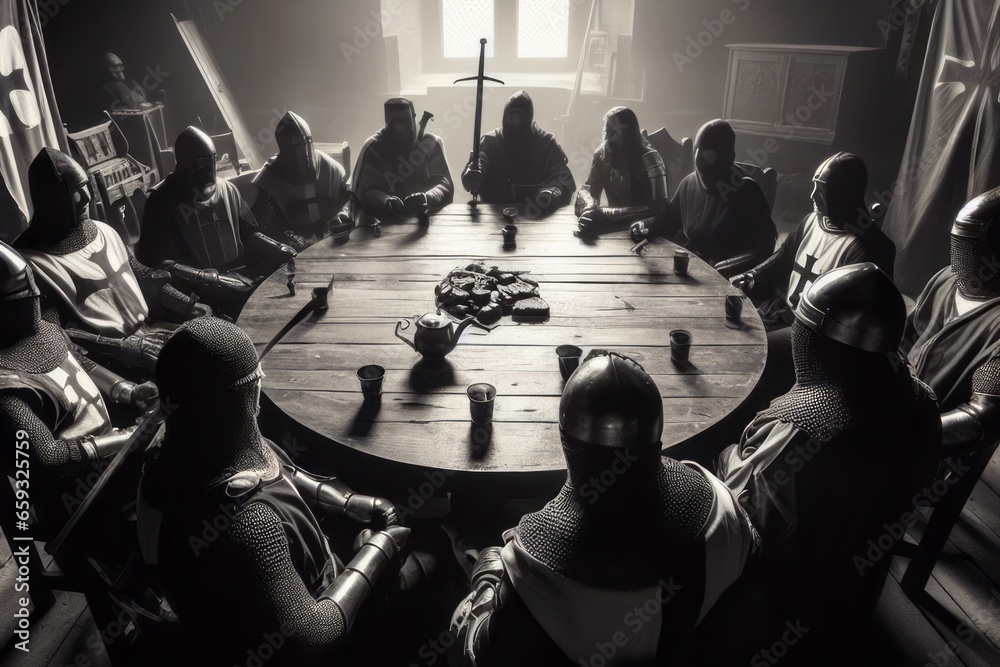 medieval knights sitting around a round table. King Arthur and the ...