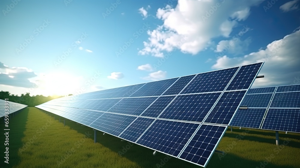 Foto de Stock Solar panels farm under the sky. Blue solar panels. Background of photovoltaic ...