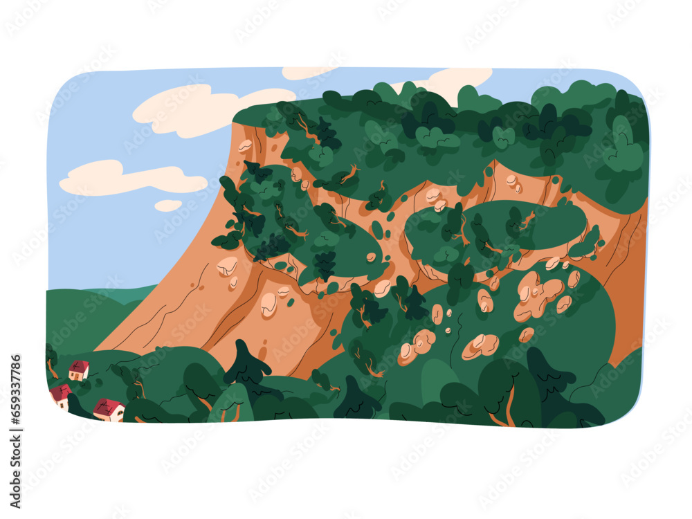 Landslide catastrophe. Landslip calamity. Broken mountain, rock ...