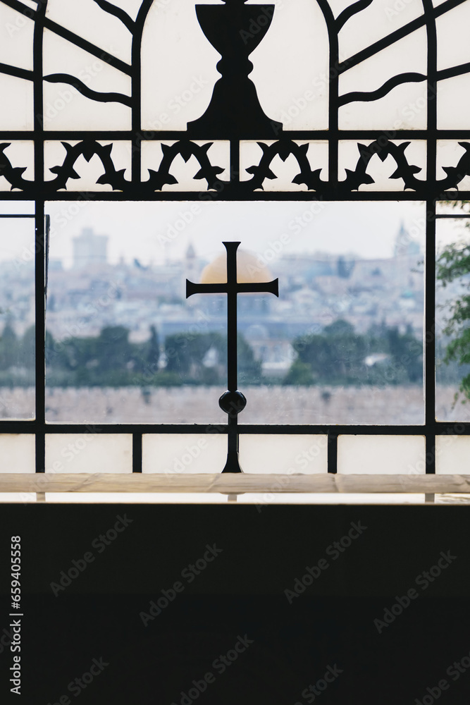 View from the window of the Roman Catholic church Dominus Flevit. Mount ...