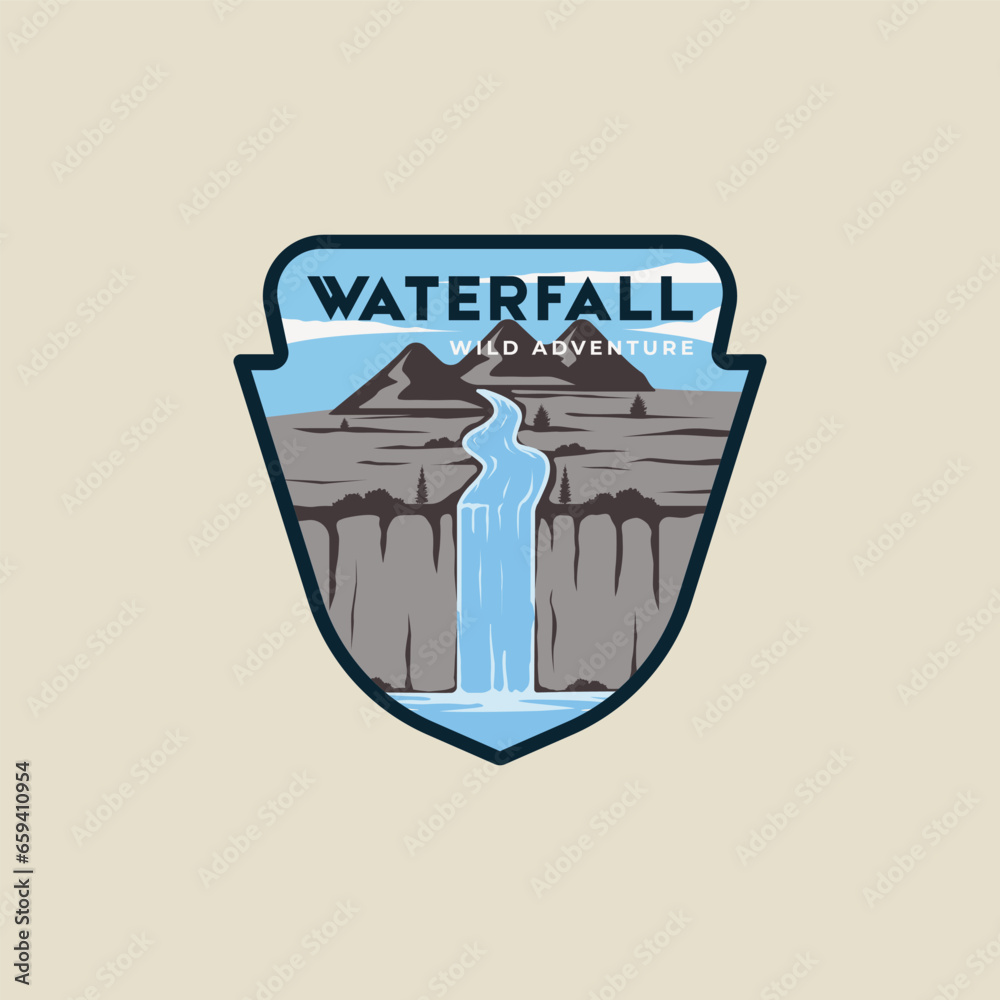 waterfall at mountains emblem vector illustration template graphic ...