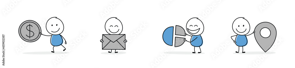 Collection of a happy stickman holding money, envelope, chart and map ...