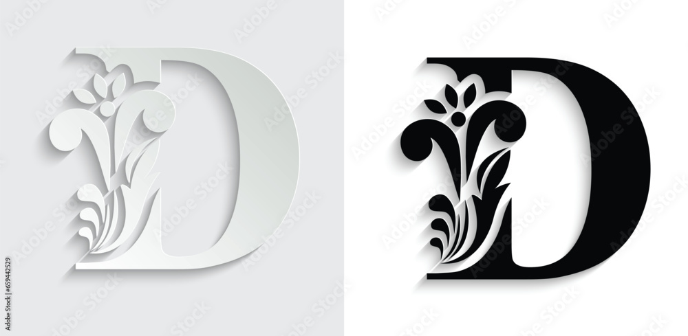 letter D. Black flower alphabet. Beautiful capital letters with shadow Stock Vector | Adobe Stock