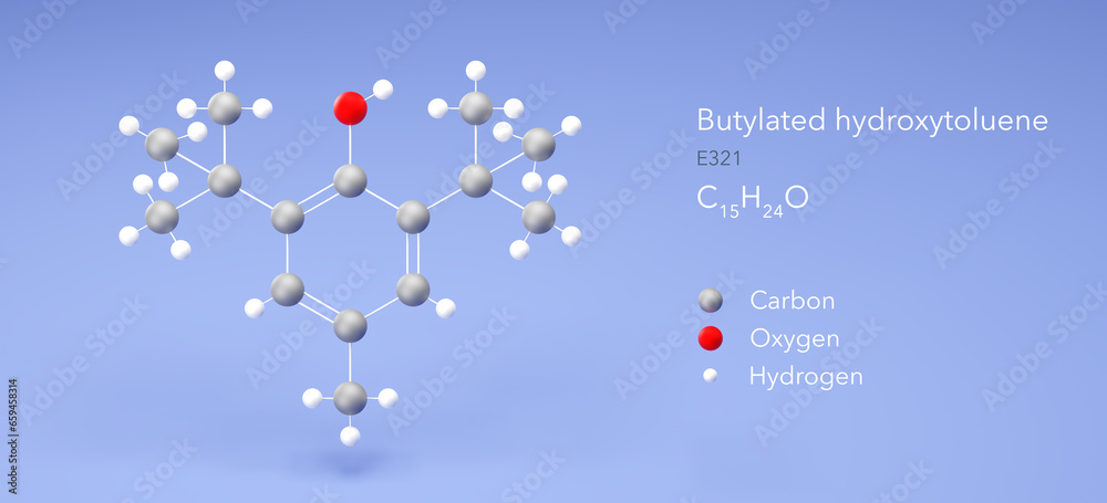 butylated hydroxytoluene molecule, molecular structures, food additive ...