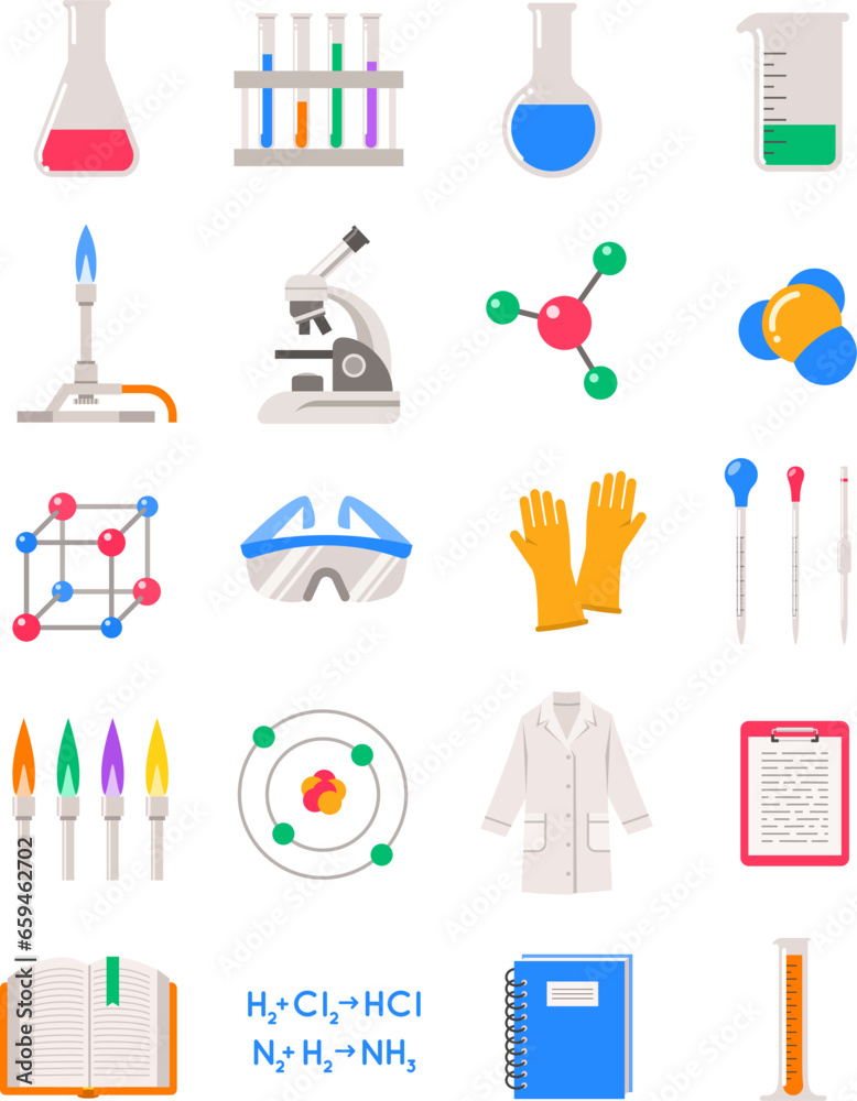Chemistry lab icons. Chemical laboratory equipment symbols. Chemistry ...