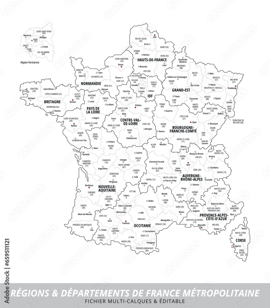 Carte des Régions et des Départements de France Métropolitaine Stock ...