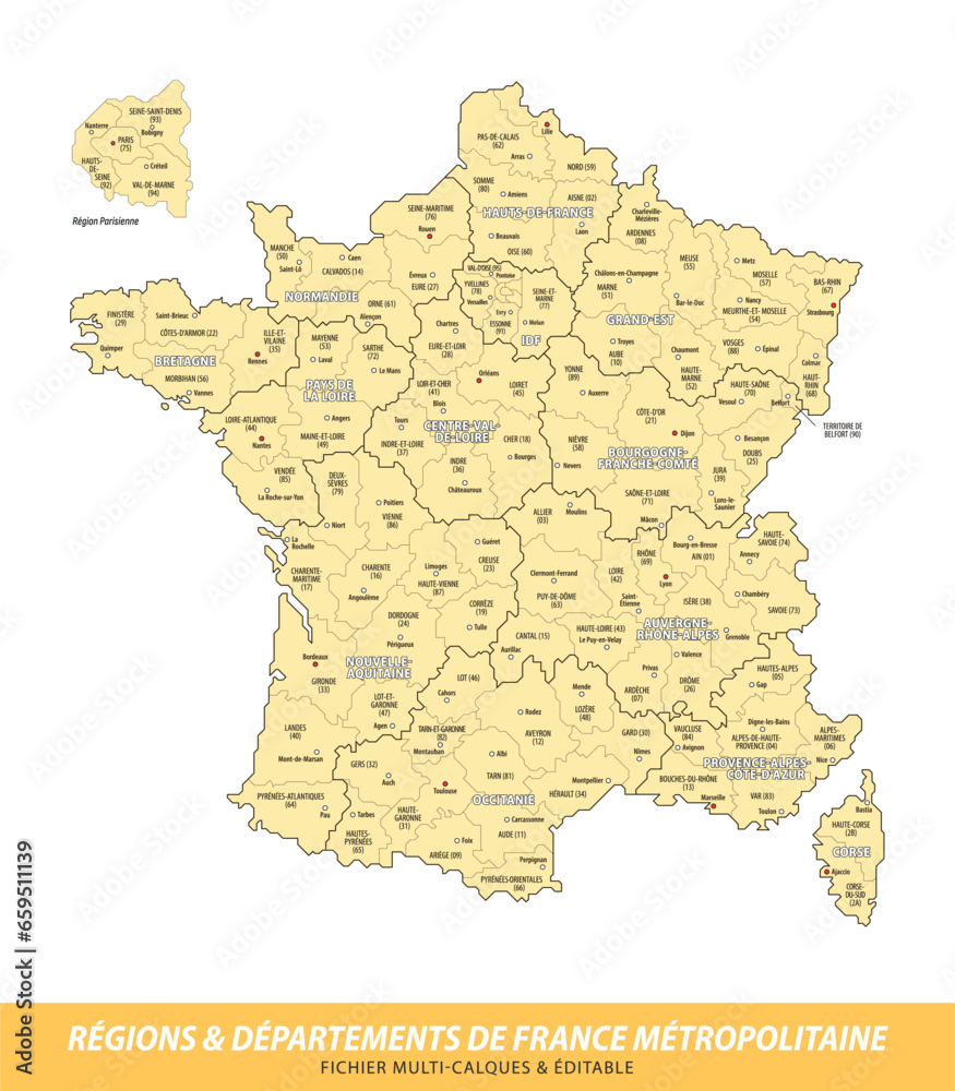 Carte des Régions et des Départements de France Métropolitaine Stock ...