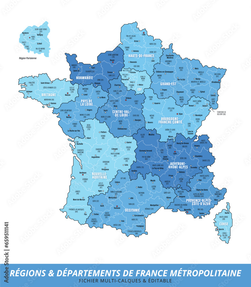 Carte des Régions et des Départements de France Métropolitaine Stock ...