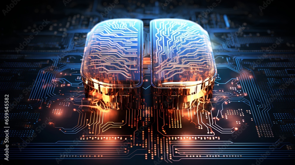 Big data and artificial intelligence concept. Human brain glowing from processor, symbolizing ...