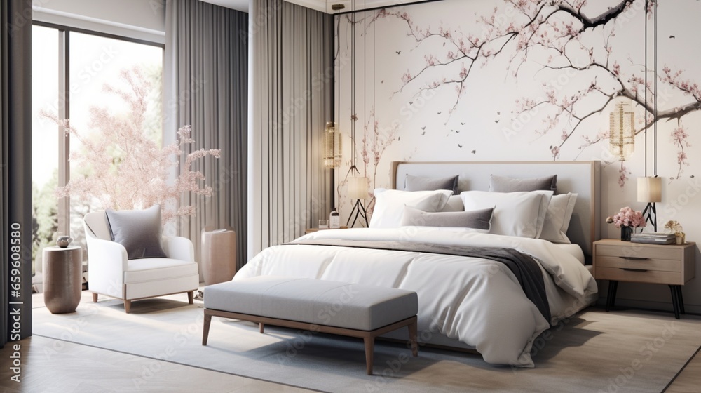Experience the dreaminess of a bedroom with a wallpapered accent wall ...