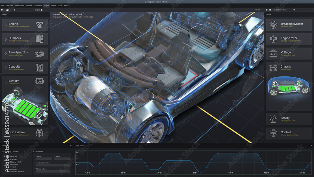 Digital tablet computer screen shows 3D futuristic graphical ...