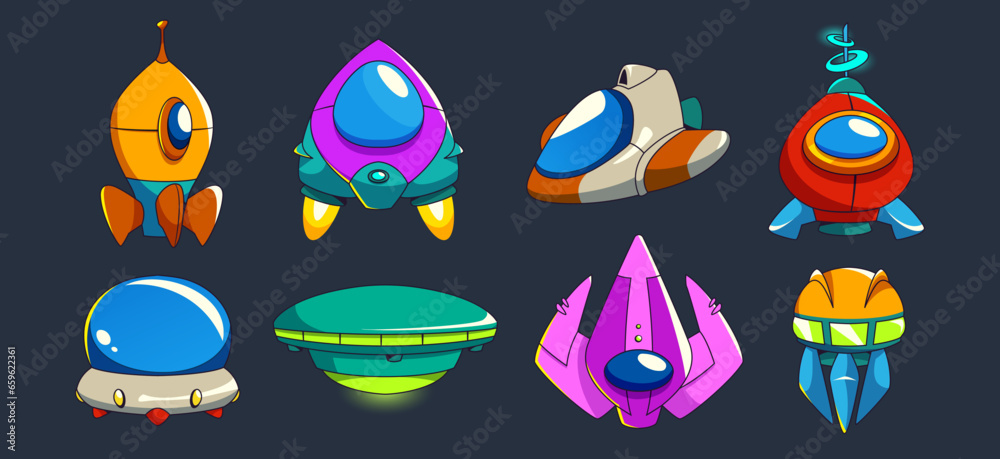 Spaceship and alien ufo ui game vector cartoon set. Fantasy galaxy icon ...
