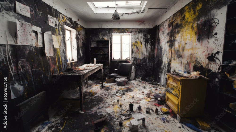 Demolished and destroyed interior of a rage room, anger relief strategy ...