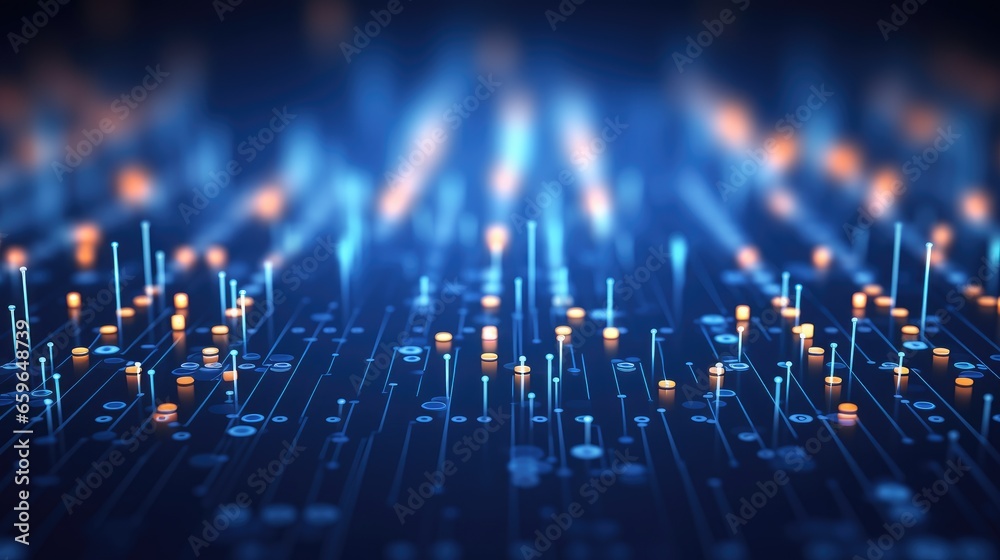Abstract tech background with illuminated fiber optic connections, quantum computing network ...