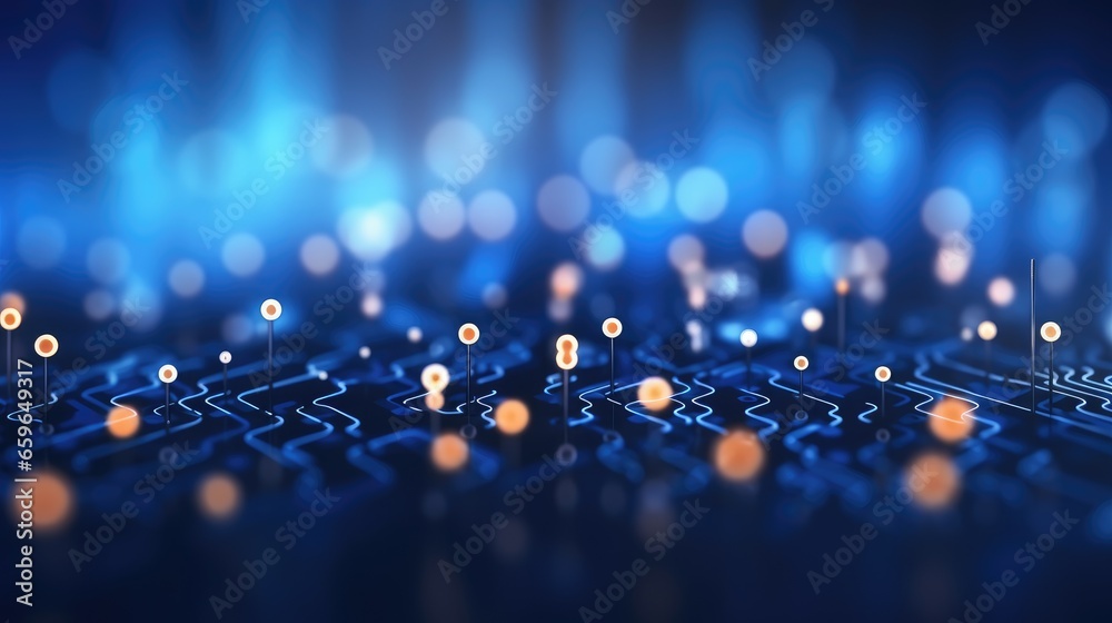 Abstract tech background with illuminated fiber optic connections, quantum computing network ...