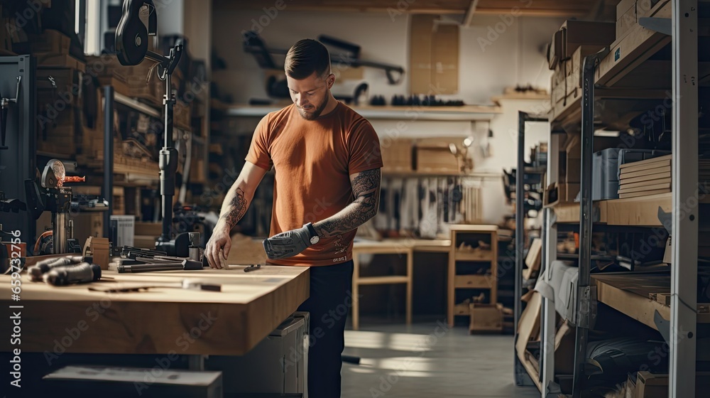 Handsome young man holds prosthetic leg to check quality At the back is ...