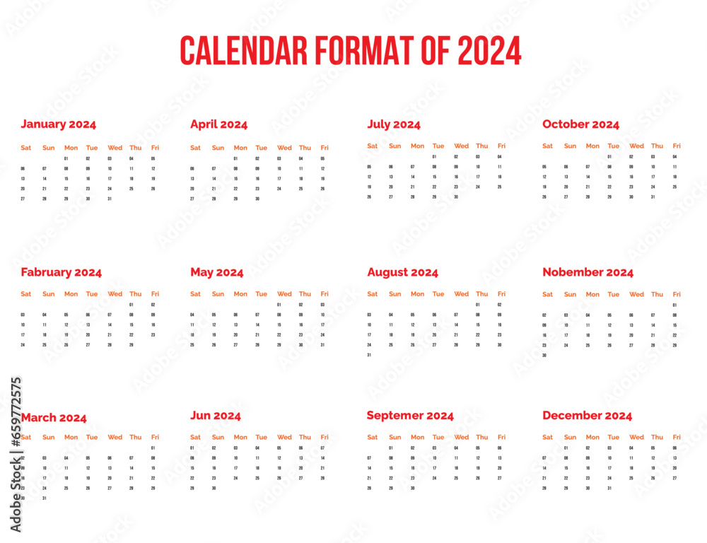 Calendar format of 2024. Editable calendar format and easy to ...