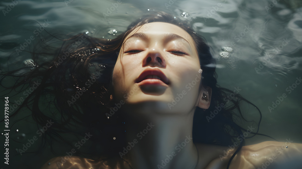 Beautiful asian female submerged underwater in the sea, portrait of ...