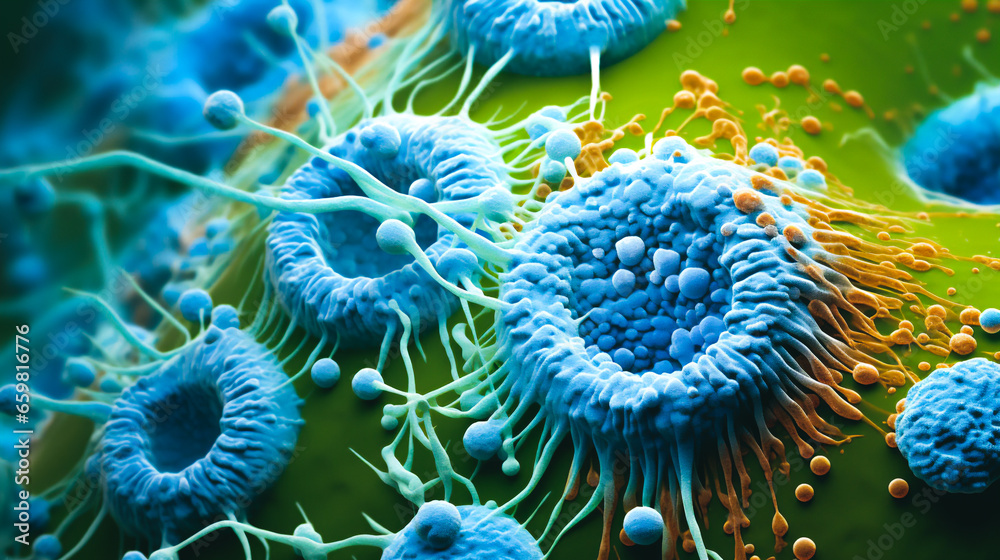 a vibrant, microscopic view of the colon's inner lining, magnified to ...